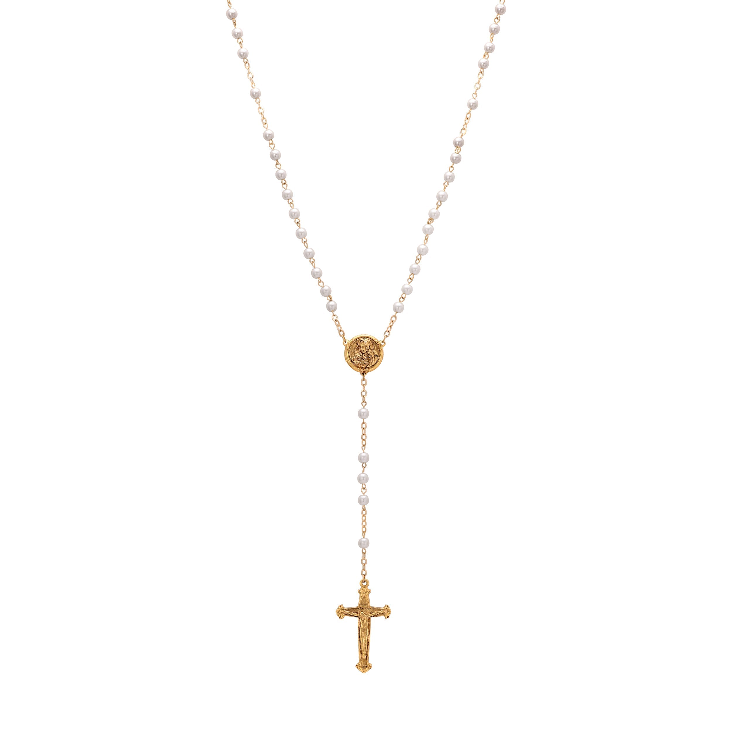 Symbols Of Faith Mary Locket & Crucifix Round White Glass Faux Pearl R ...