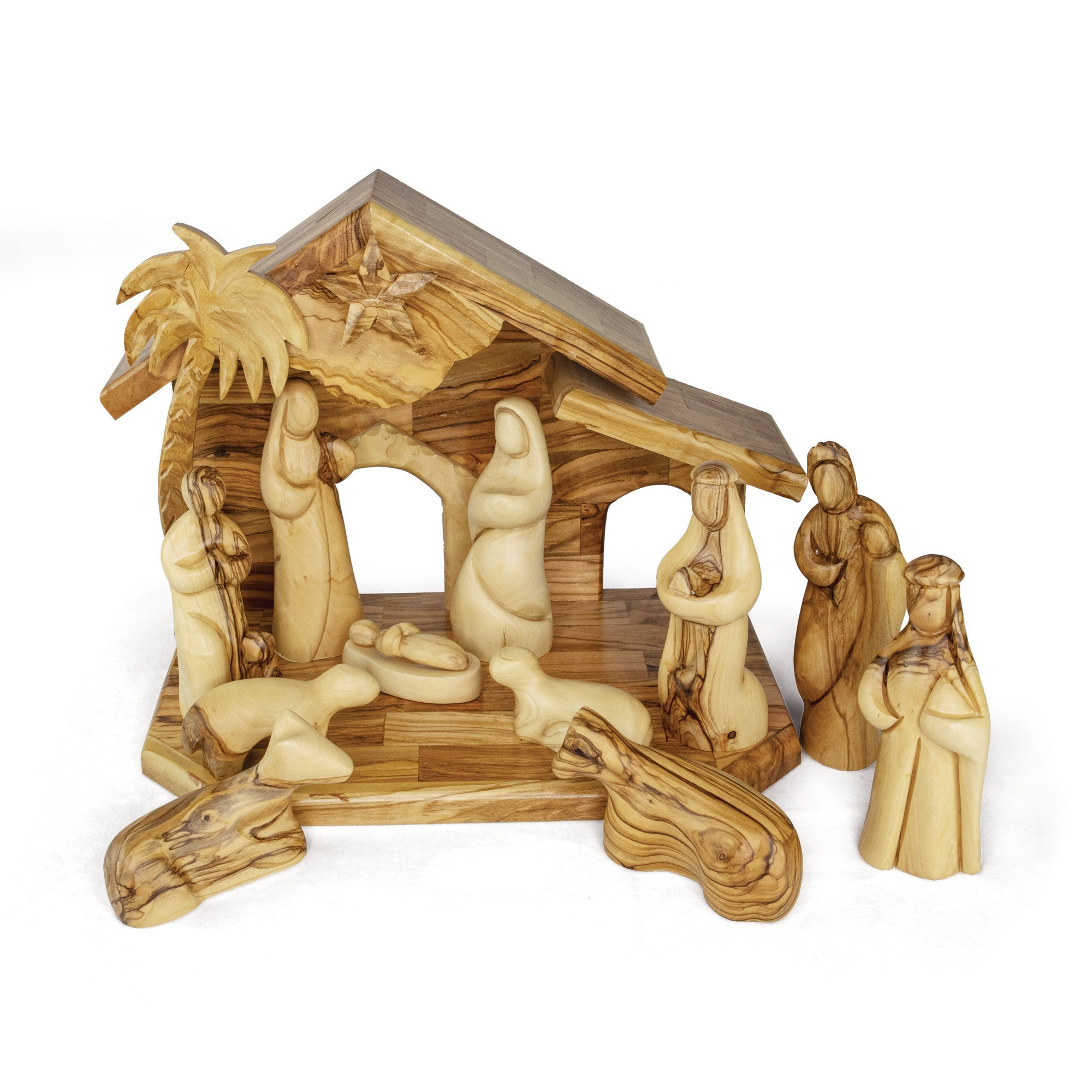 Holy Land Olive Wood Nativity with Medium Stable and Large Faceless Fi ...